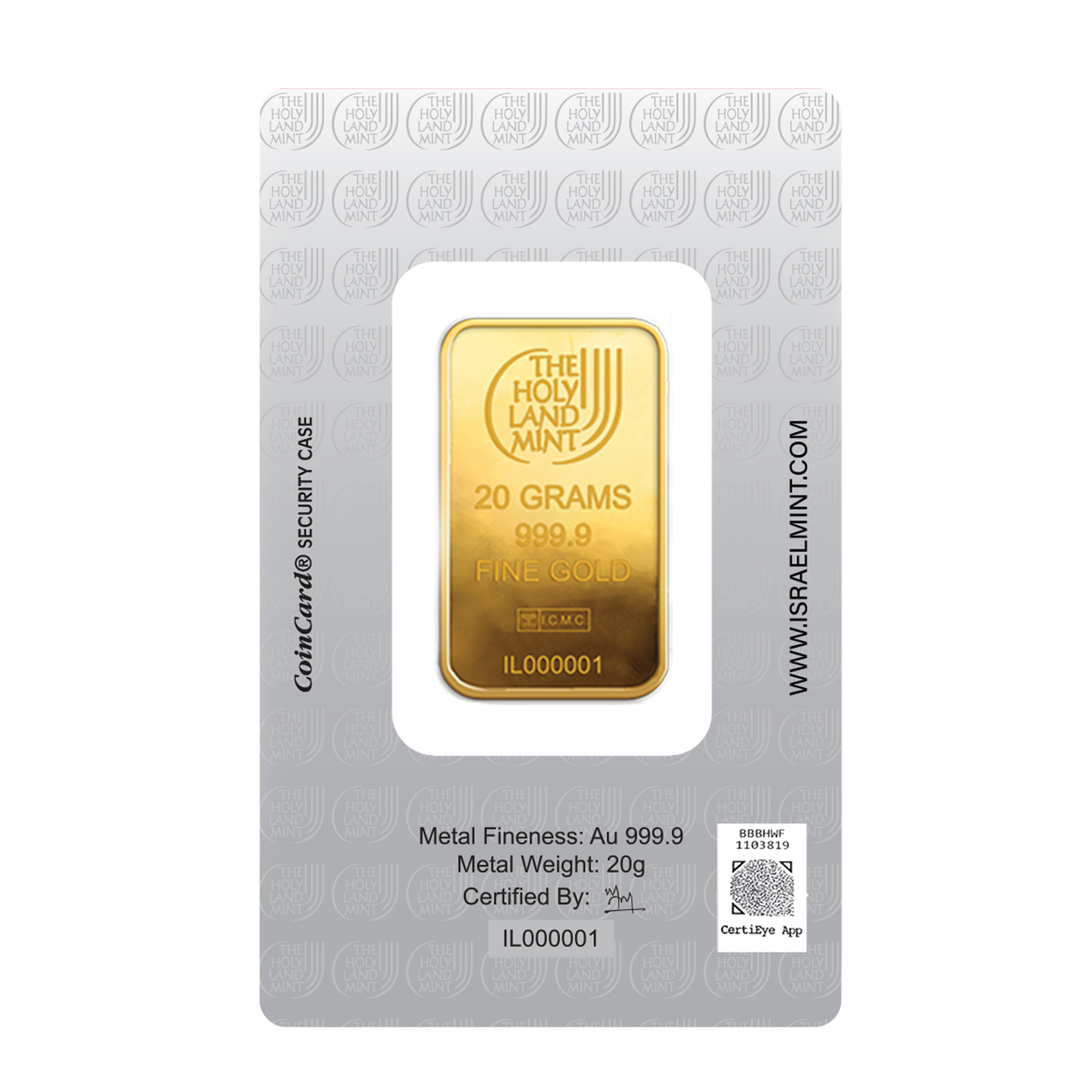 20 grams Gold Bar - Dove of Peace | The Holy Land Mint